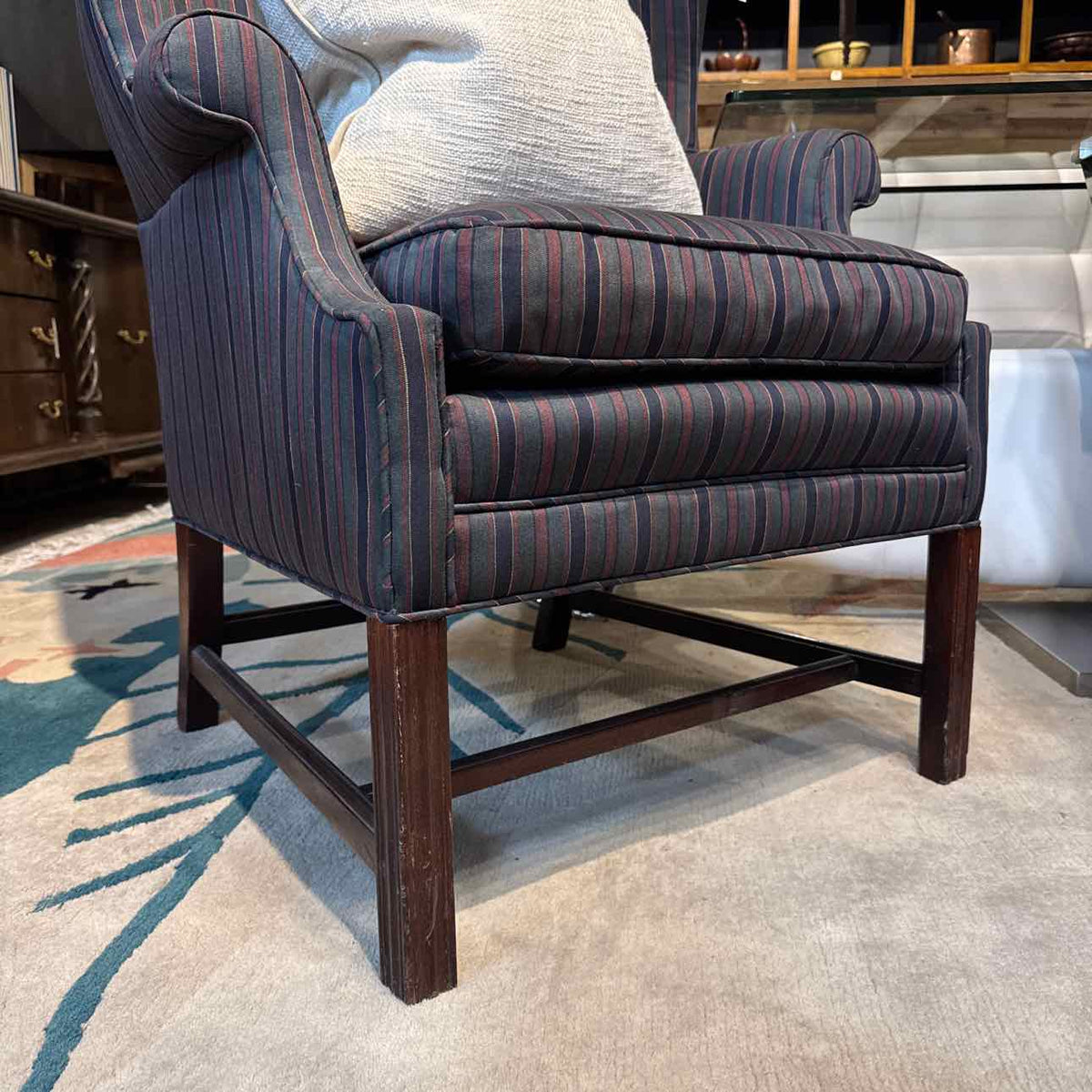 Late 20th C. Traditional Fabric Striped Wood Wingback Chair – LA FINCA ...